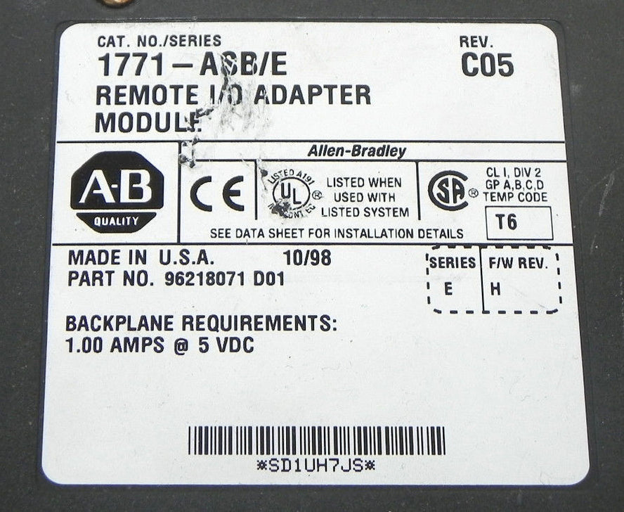 ALLEN BRADLEY 1771-ASB/E REMOTE I/O ADAPTER MODULE REV C05 1771ASBE ...