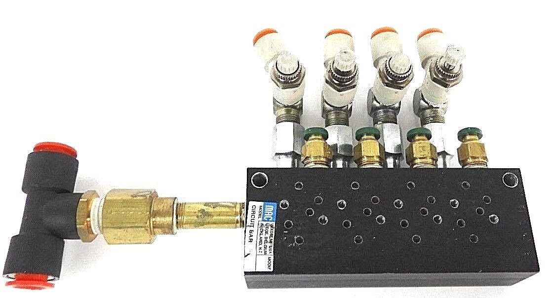 MAC CIRCUIT BAR W/ (4) SMC AS2201F-N01-04K FLOW CONTROL FITTINGS ...