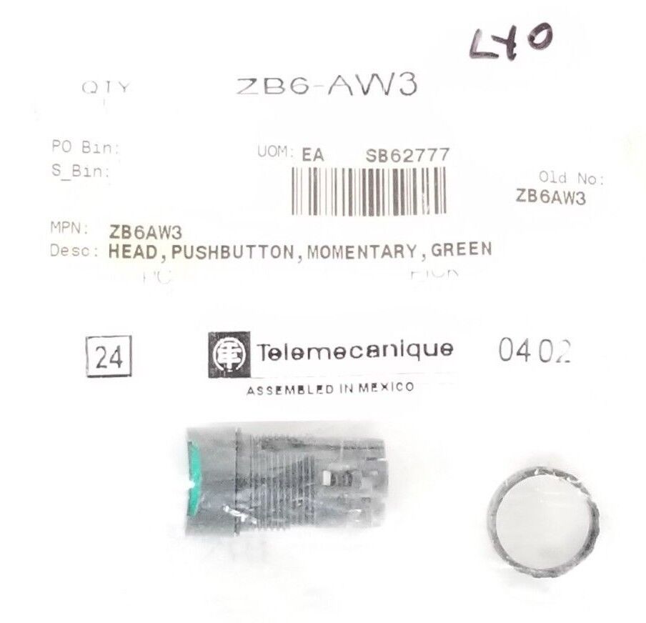 NEW TELEMECANIQUE ZB6-AW3 HEAD, PUSHPUTTON, MOMENTARY, GREEN ZB6AW3 ...