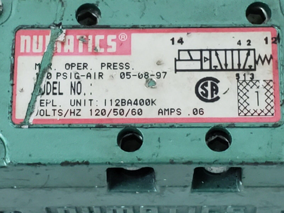 NUMATICS 112BA400K SOLENOID VALVE .06AMPS, 120/60/50 (NO COILS ...