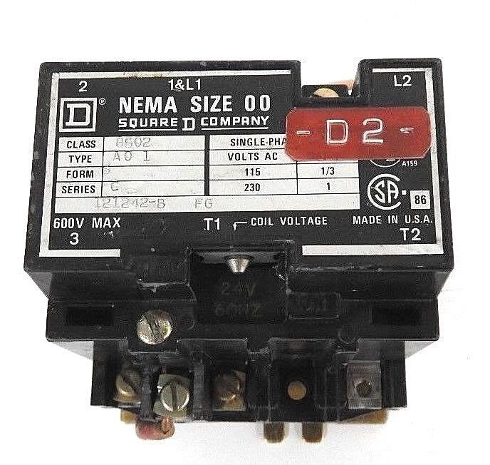 SQUARE D 8502-AO-1 CONTACTOR NEMA SIZE 00, FORM: S, SERIES: C, COIL: 2 ...