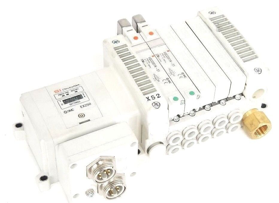 SMC SI DEVICENET EX250-SDN1-X122 MANIFOLD W/ (2) VQC2201N-51 & (3) VQC ...
