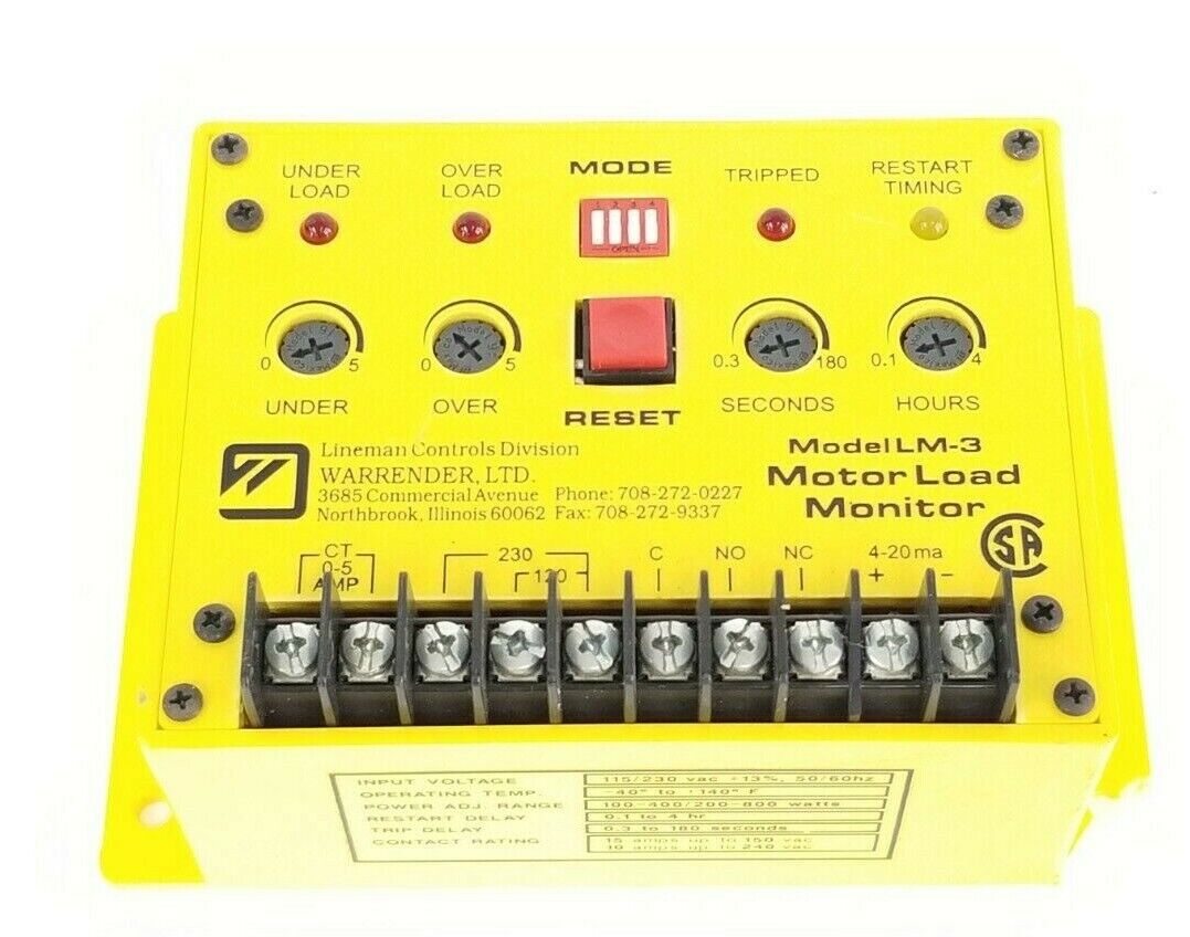WARRENDER MODEL LM-3 MOTOR LOAD MONITOR LM3, 115/230 VAC — PremiumPLC