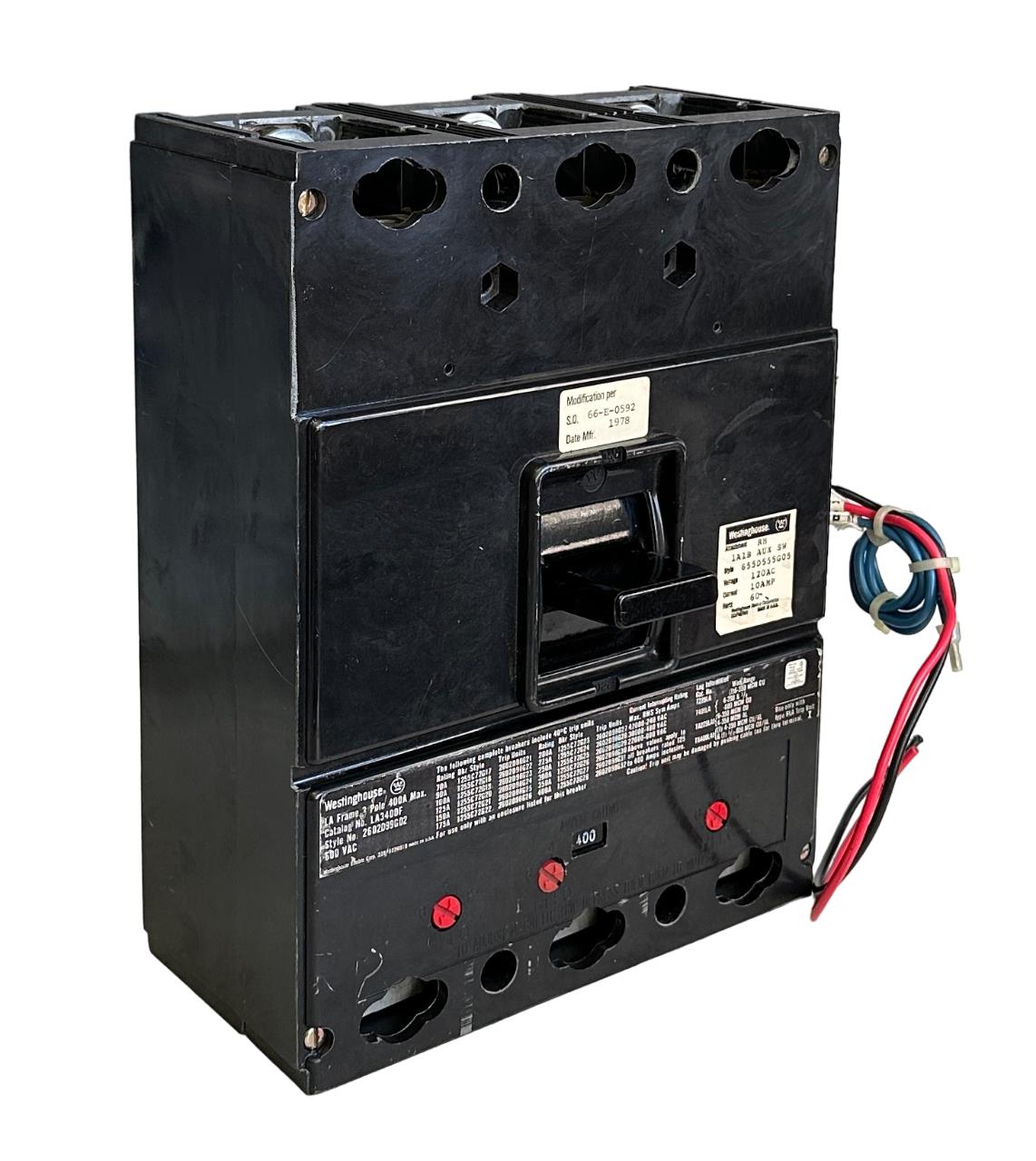 WESTINGHOUSE LA3400F / 2602D99G02 CIRCUIT BREAKER 3-POLE 400A 600VAC 6 ...