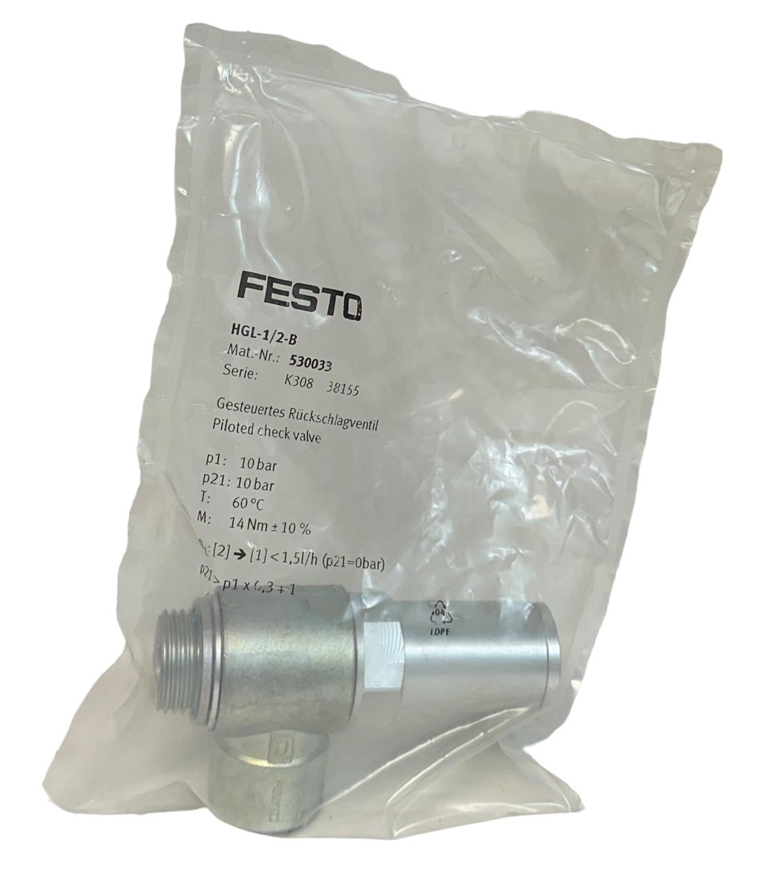 NEW FESTO HGL-1/2-B / 530033 PNEUMATIC PILOTED CHECK VALVE 0.5-10BAR N ...