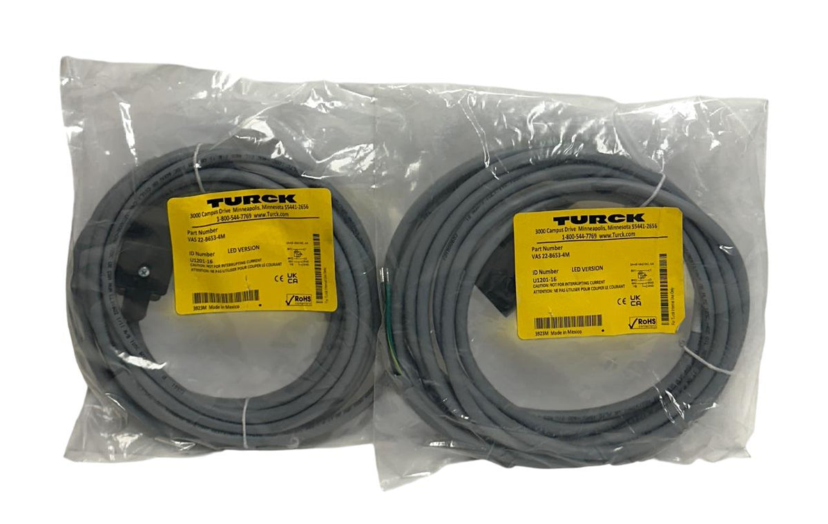 2 TURCK VAS 22-B653-4M / U1201-16 SINGLE-ENDED CORDSETS LED VERSION 24 ...